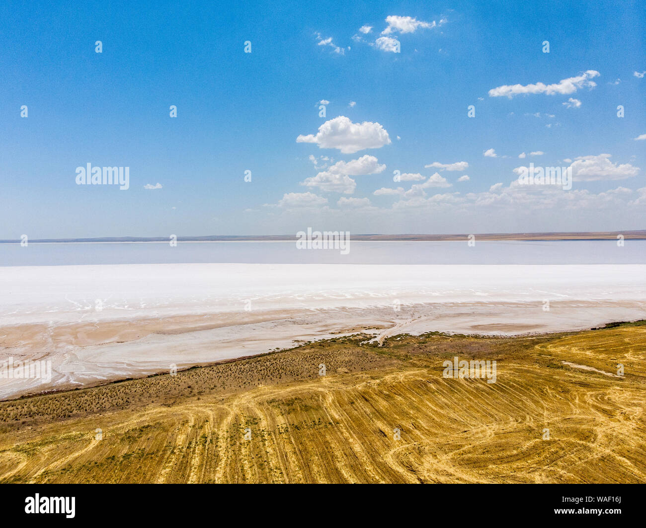 Aerial view of Lake Tuz, Tuz Golu. Salt Lake. White salt water. It is ...