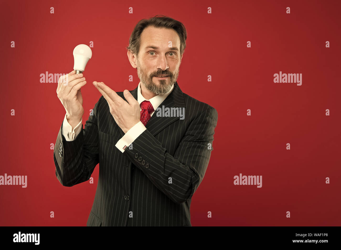 Light up your business. Man bearded businessman formal suit hold light ...