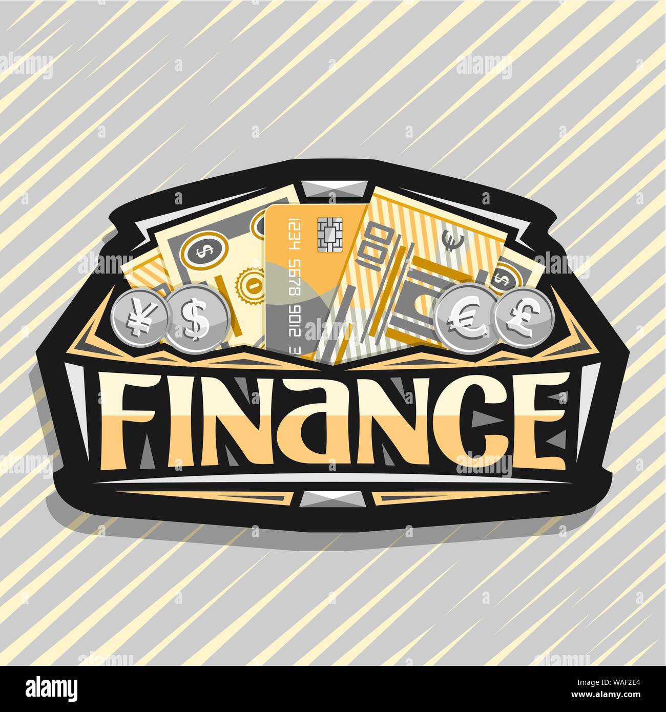 Vector logo for Finance, black label with plastic debit card, cartoon ...