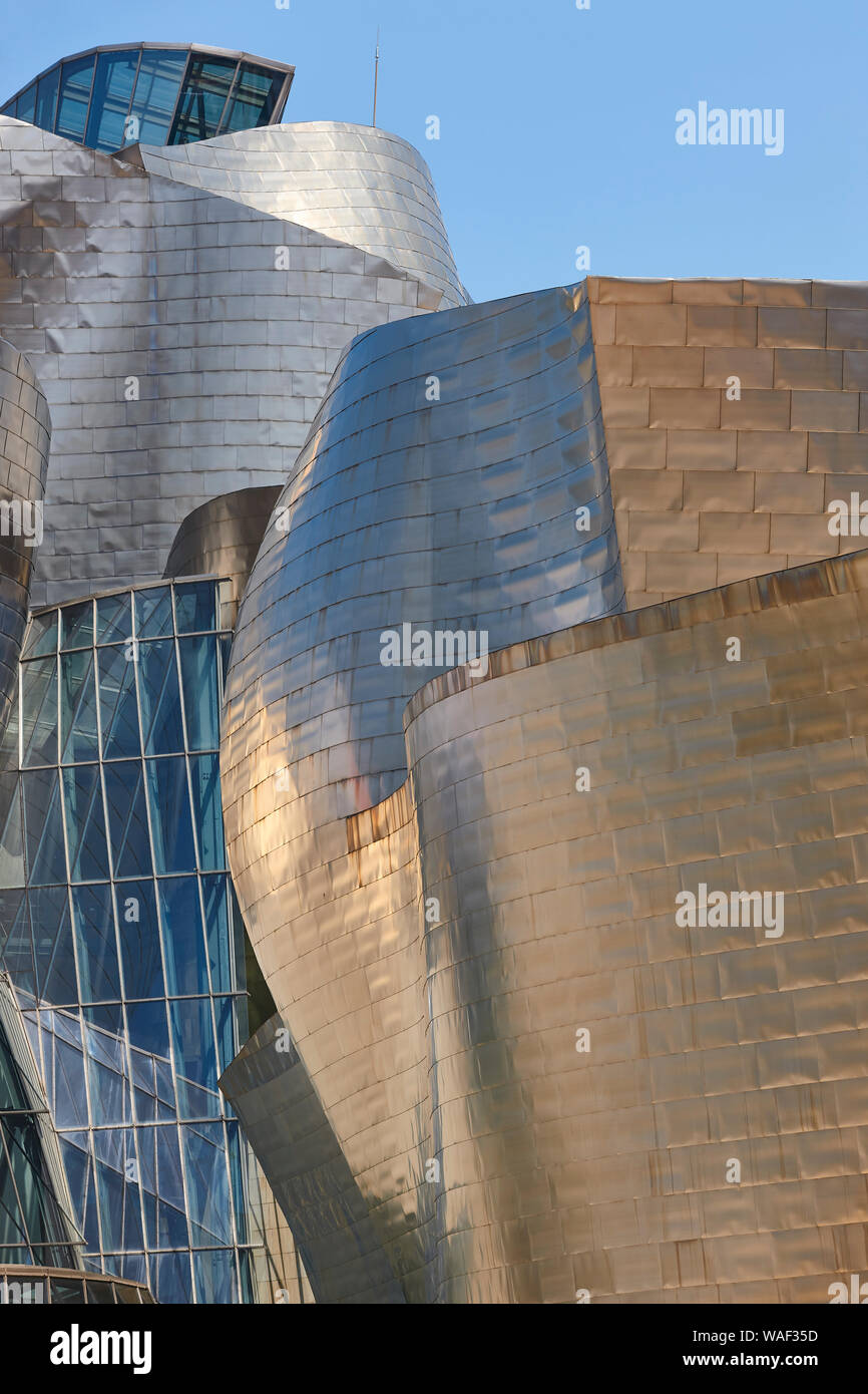 Bilbao downtown Guggenheim museum titanium metallic facade. Cultural ...