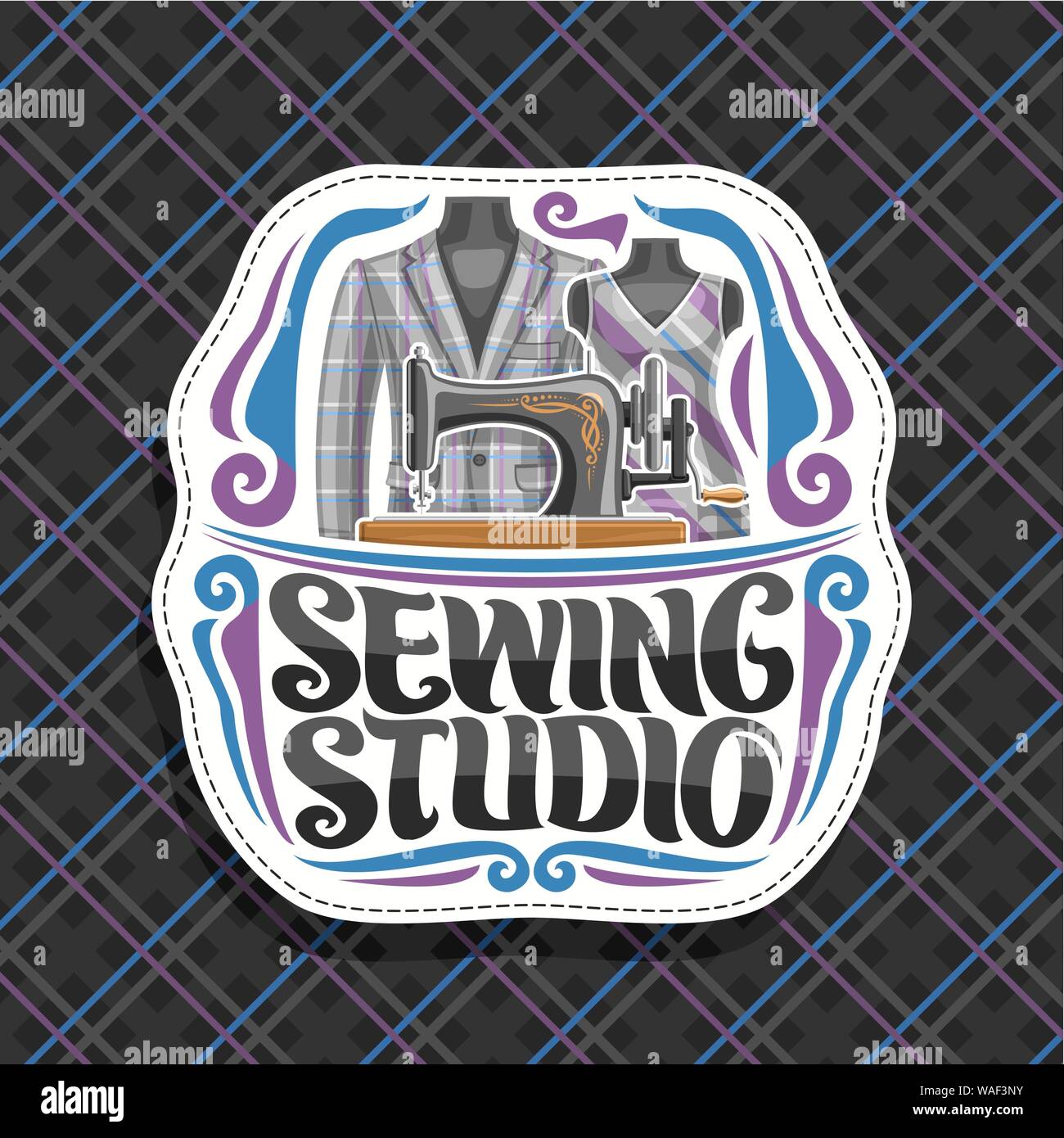 Vector logo for Sewing Studio, white decorative signboard with ...