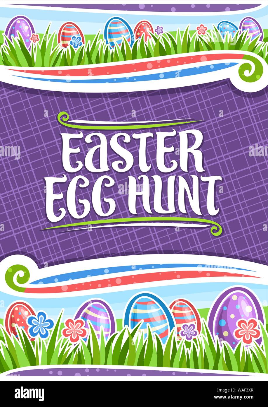 Vector poster for Easter Egg Hunt with copy space, white frame with blue and red wildflowers ...
