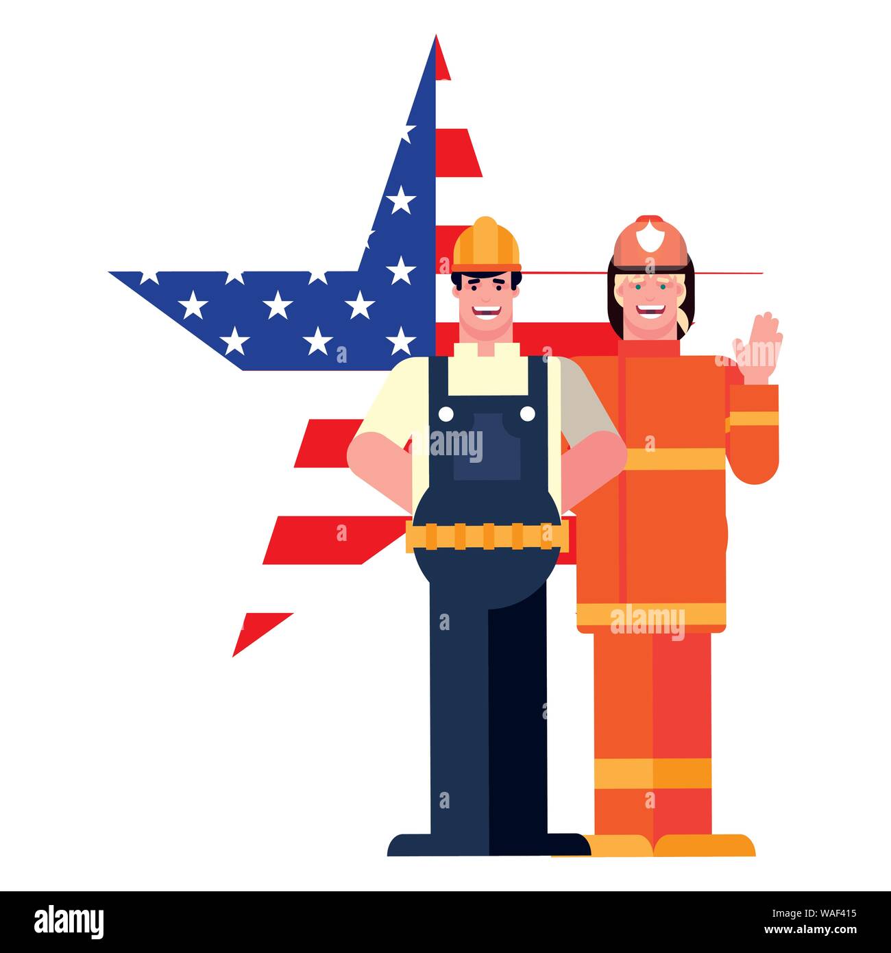 happy labor day - firefighter and worker man star shaped american flag ...