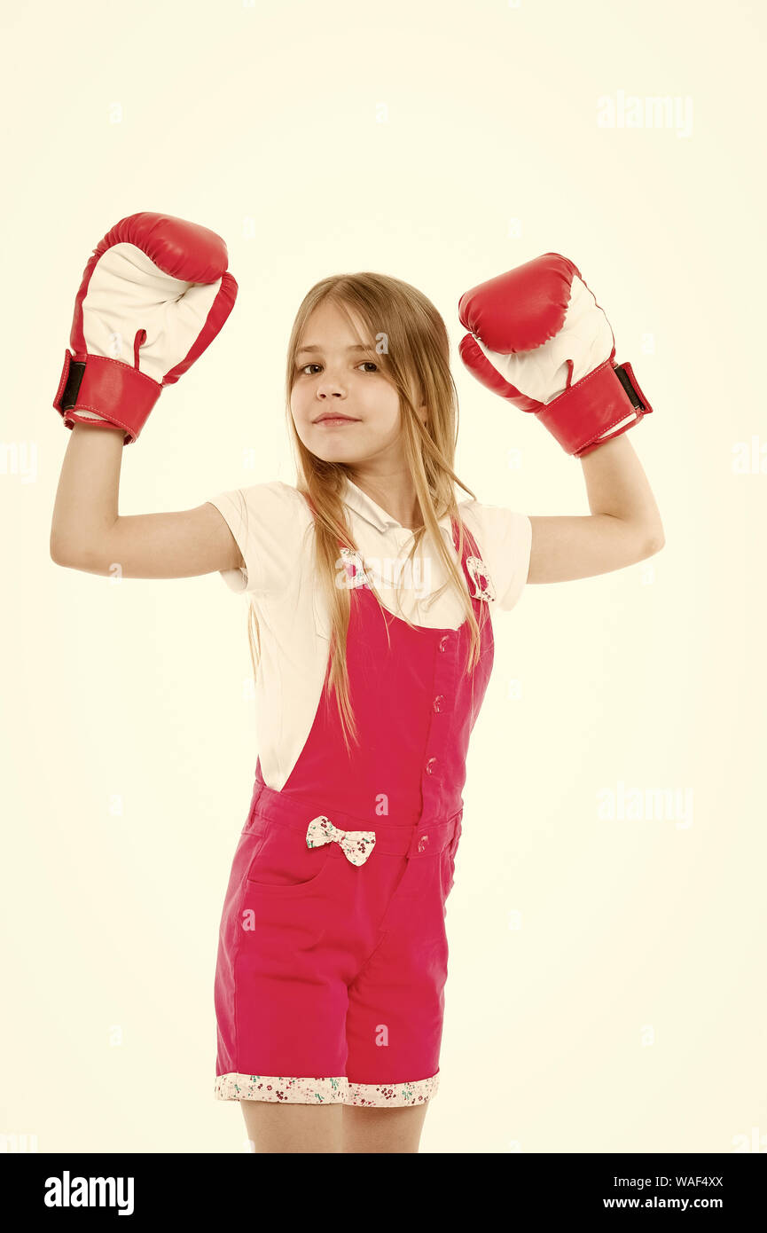 Little girl smile after boxing training isolated on white. Happy child ...