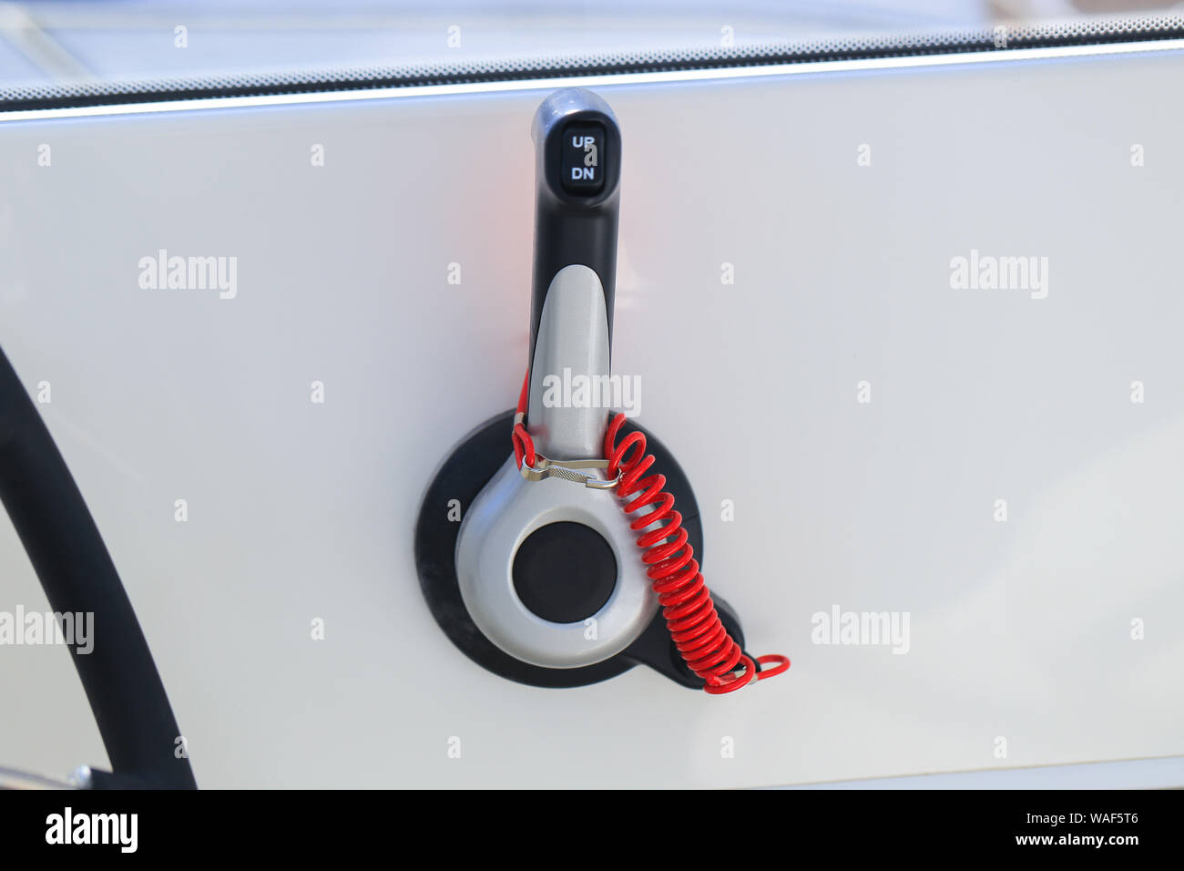 Motor boat throttle control. Handle gas on the boat Stock Photo - Alamy