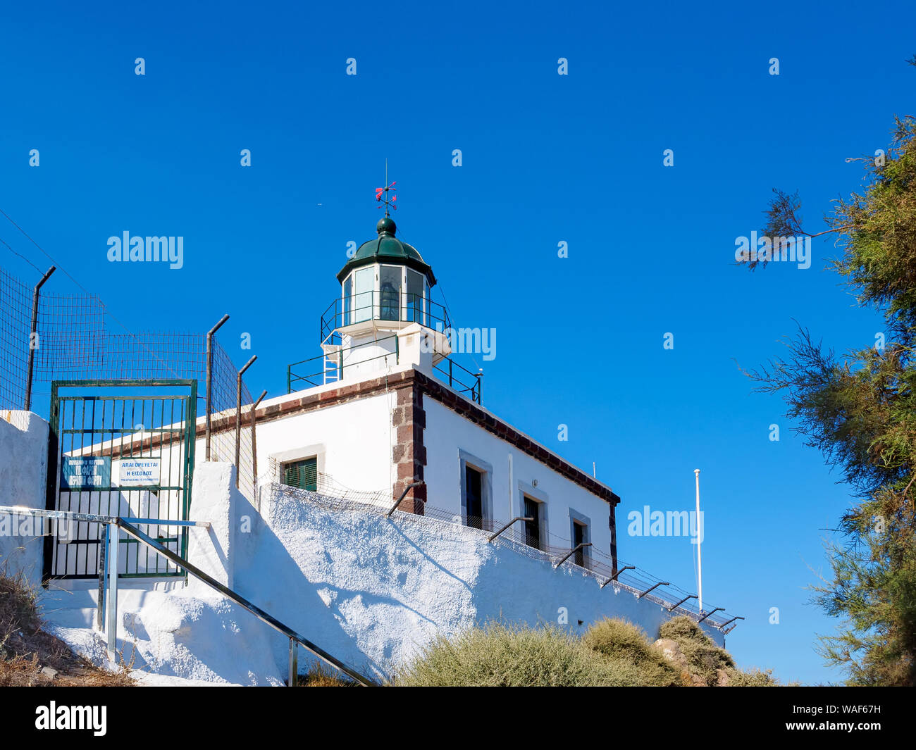 Akrotiri Lighthouse (Faros) with clear sky - Santorini Greece Stock ...