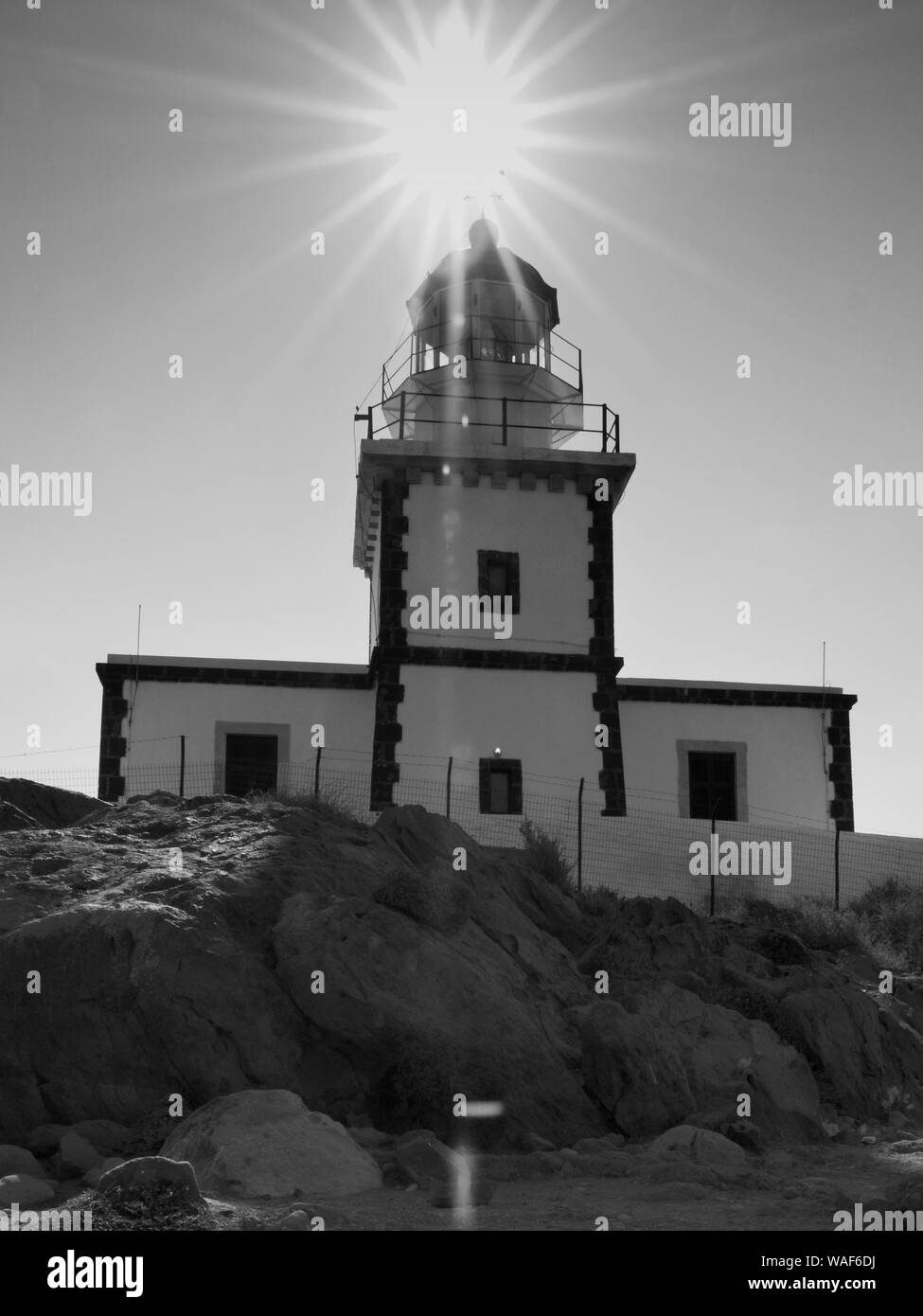 Akrotiri Lighthouse (Faros) with clear sky - Santorini Greece Stock ...