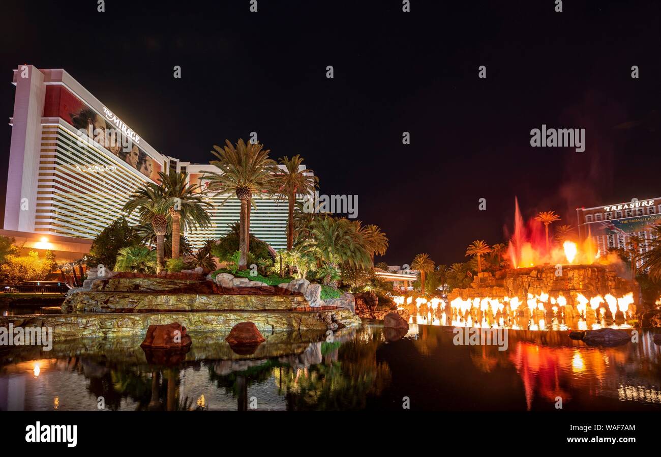 Show with artificial volcano eruption at Hotel The Mirage, night scene ...