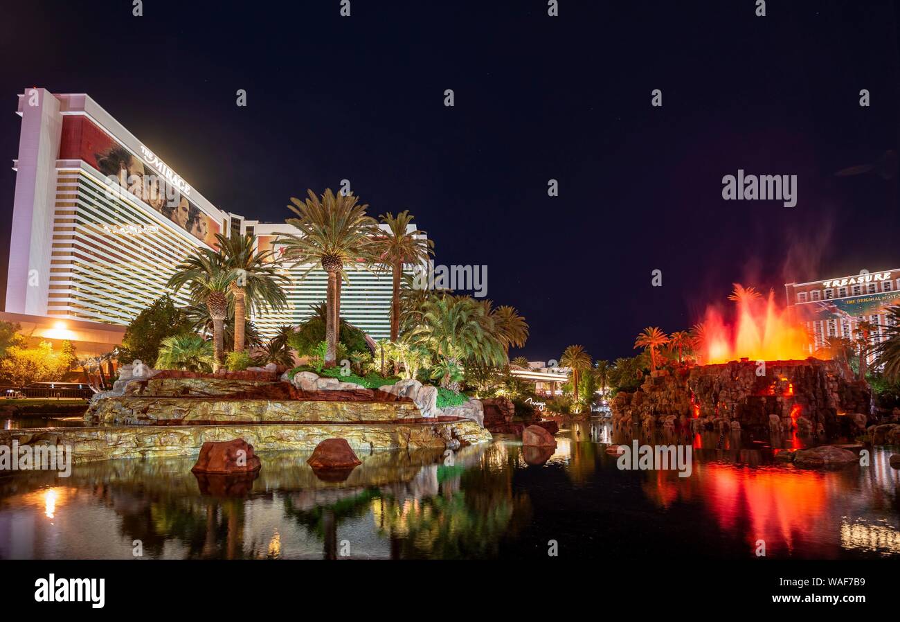 Show with artificial volcano eruption at Hotel The Mirage, night scene ...