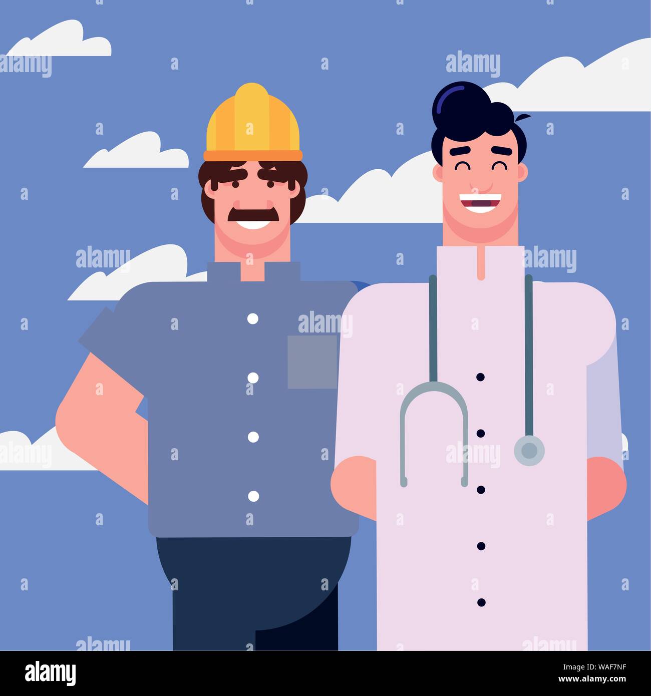 happy labor day - doctor and worker background sky vector illustration ...