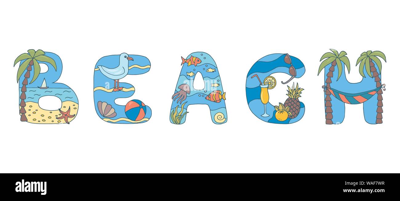 Word BEACH of bright colorful letters of the English alphabet, summer ...