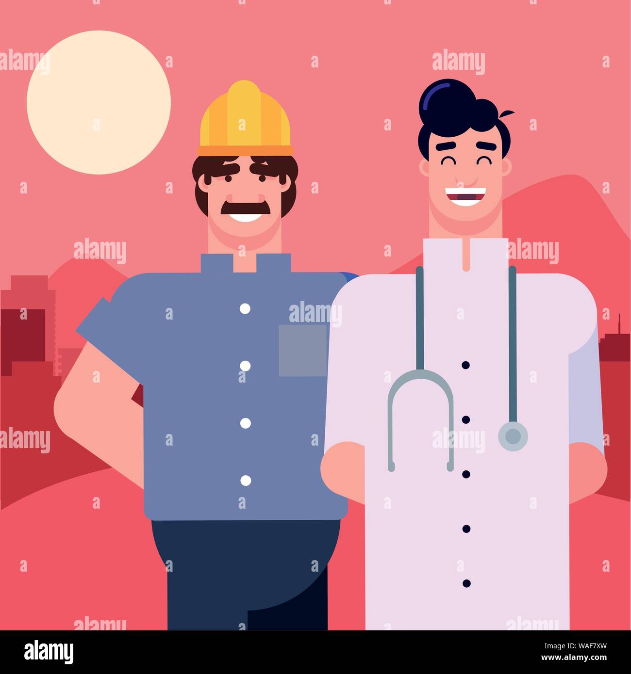 happy labor day - doctor and worker cityscape sun sky vector ...