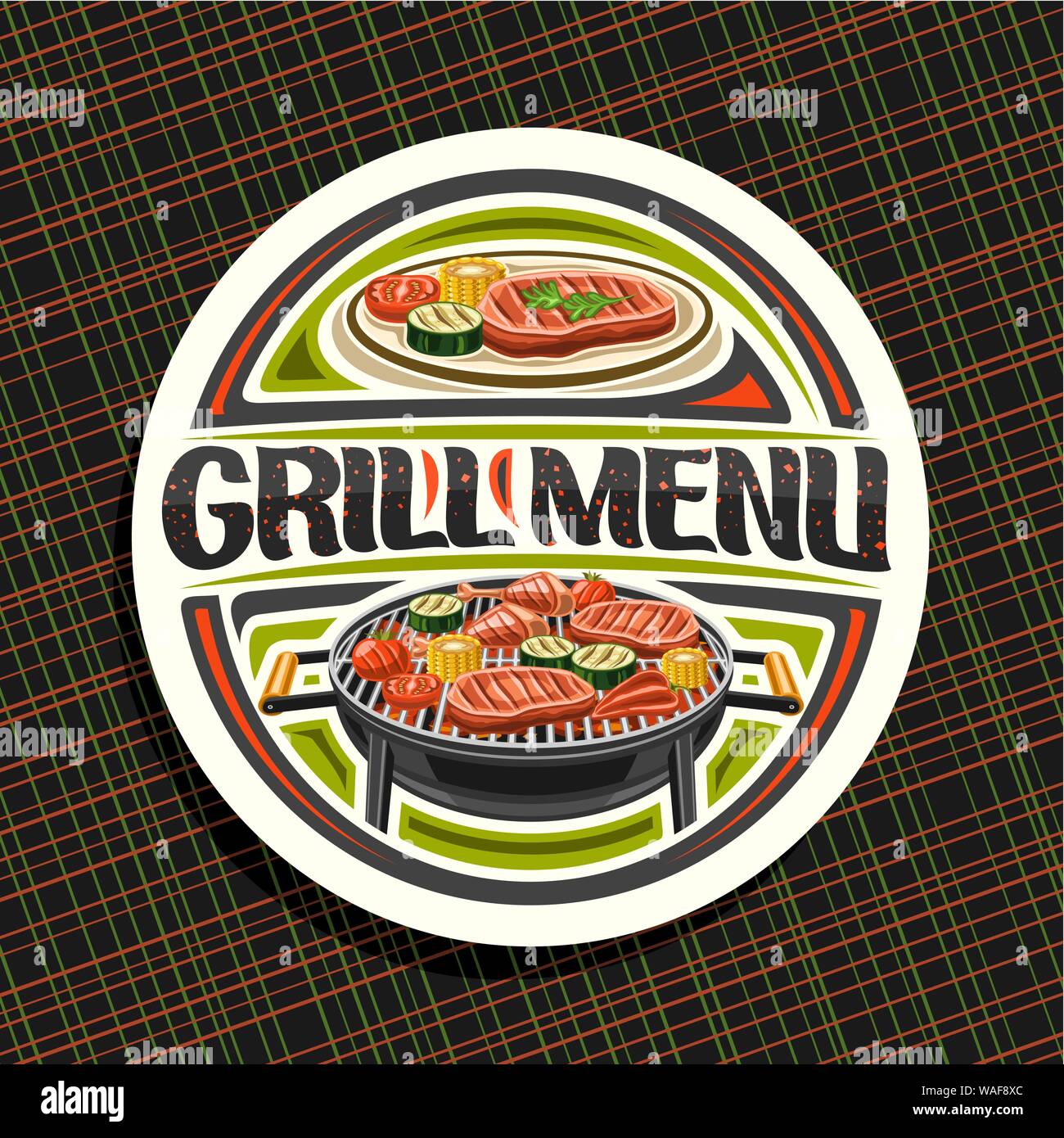 Vector logo for Grill Menu, white decorative sign board with fried ...