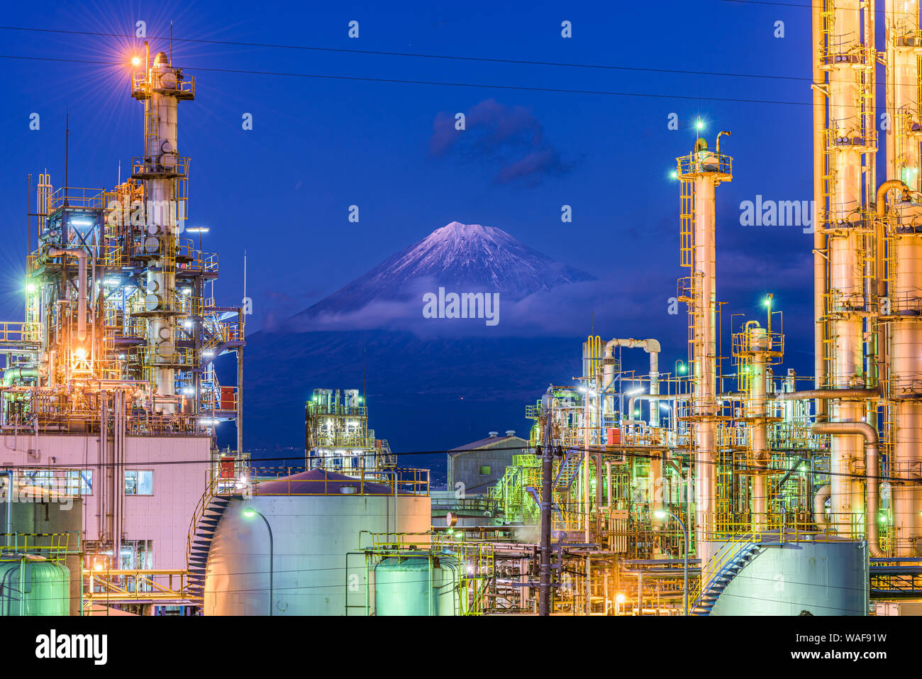 Mt. Fuji, Japan viewed from behind factories at night Stock Photo - Alamy