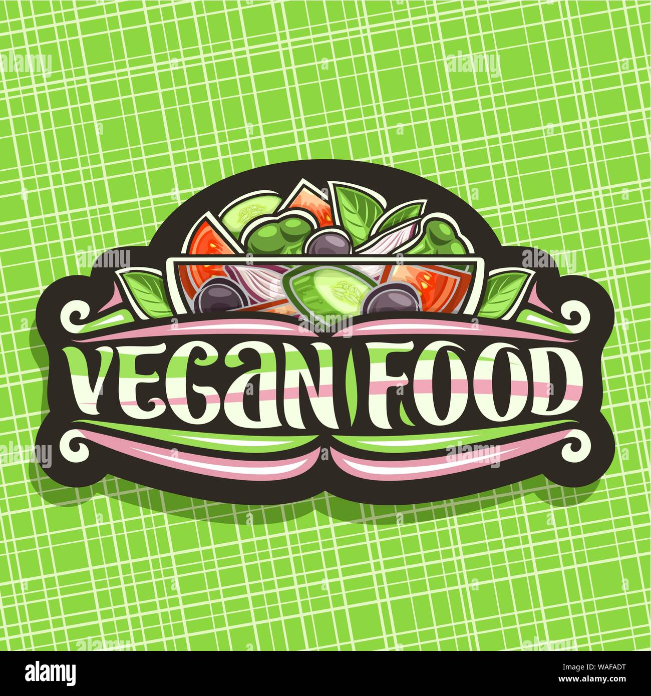 Vector logo for Vegan Food, black vintage sign board with juicy salad ...