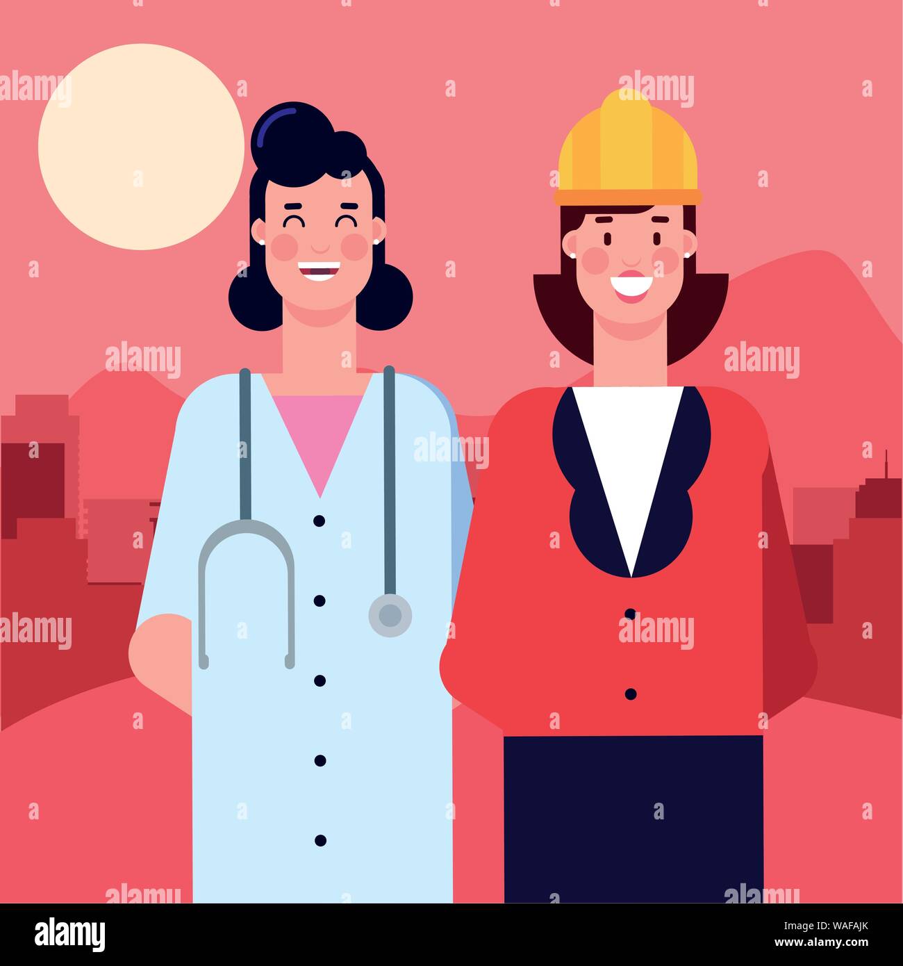happy labor day - doctor female woman engineer cityscape sun sky vector ...