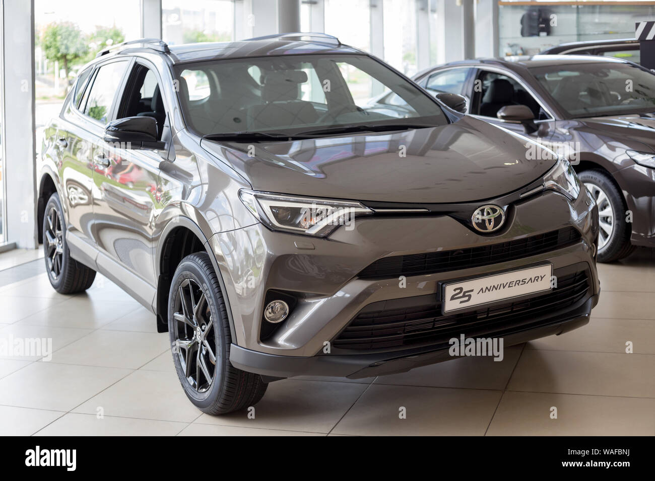Russia, Izhevsk - July 18, 2019: Toyota showroom. New modern car RAV4 ...