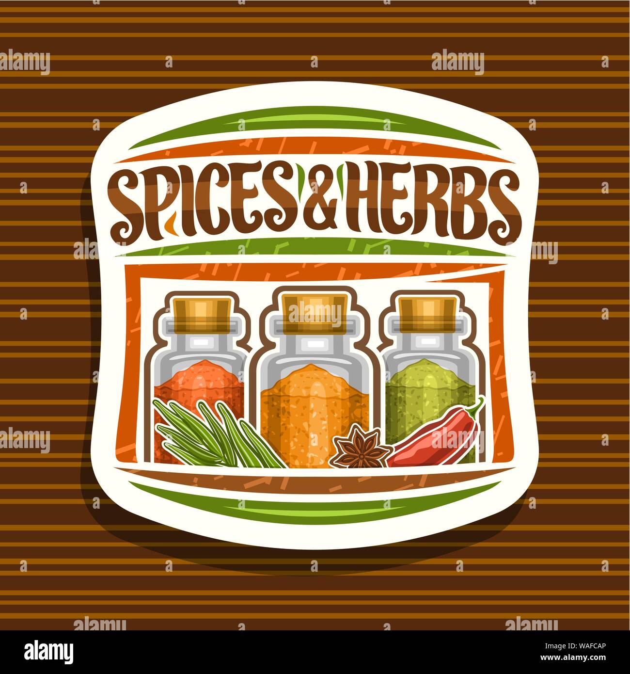 Vector logo for Spices and Herbs, white badge with illustration of set ...
