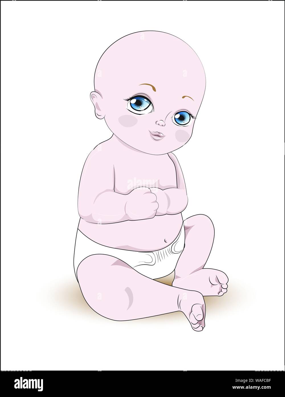 the bald baby with blue eyes, the boy or the girl, sits in a diaper ...