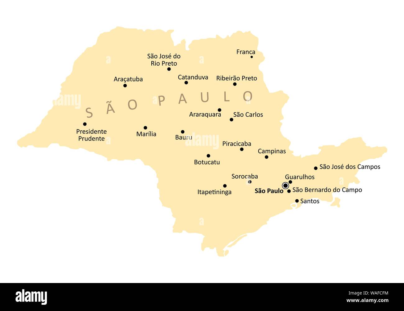 A map of Sao Paulo State with cities labels isolated on white ...