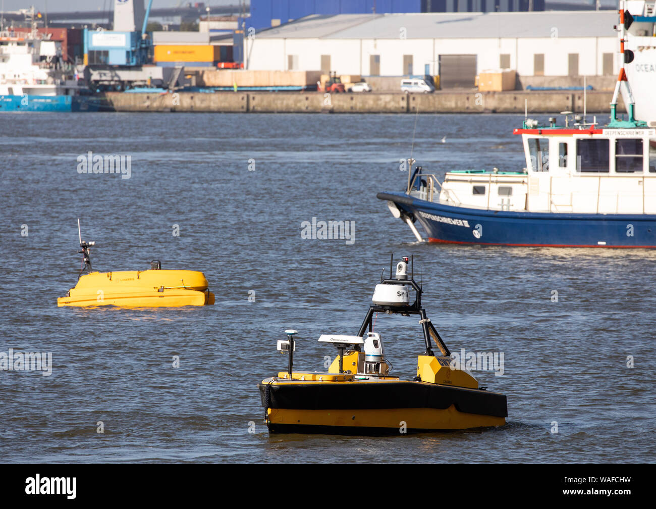 Hamburg, Germany. 20th Aug, 2019. Two small autonomous water vehicles ...