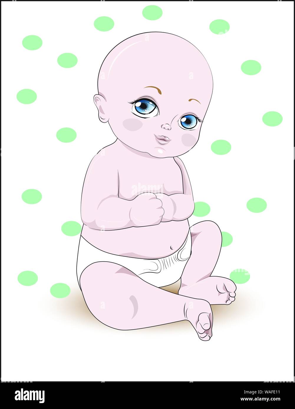 the bald baby with blue eyes, the boy or the girl, sits in a diaper ...