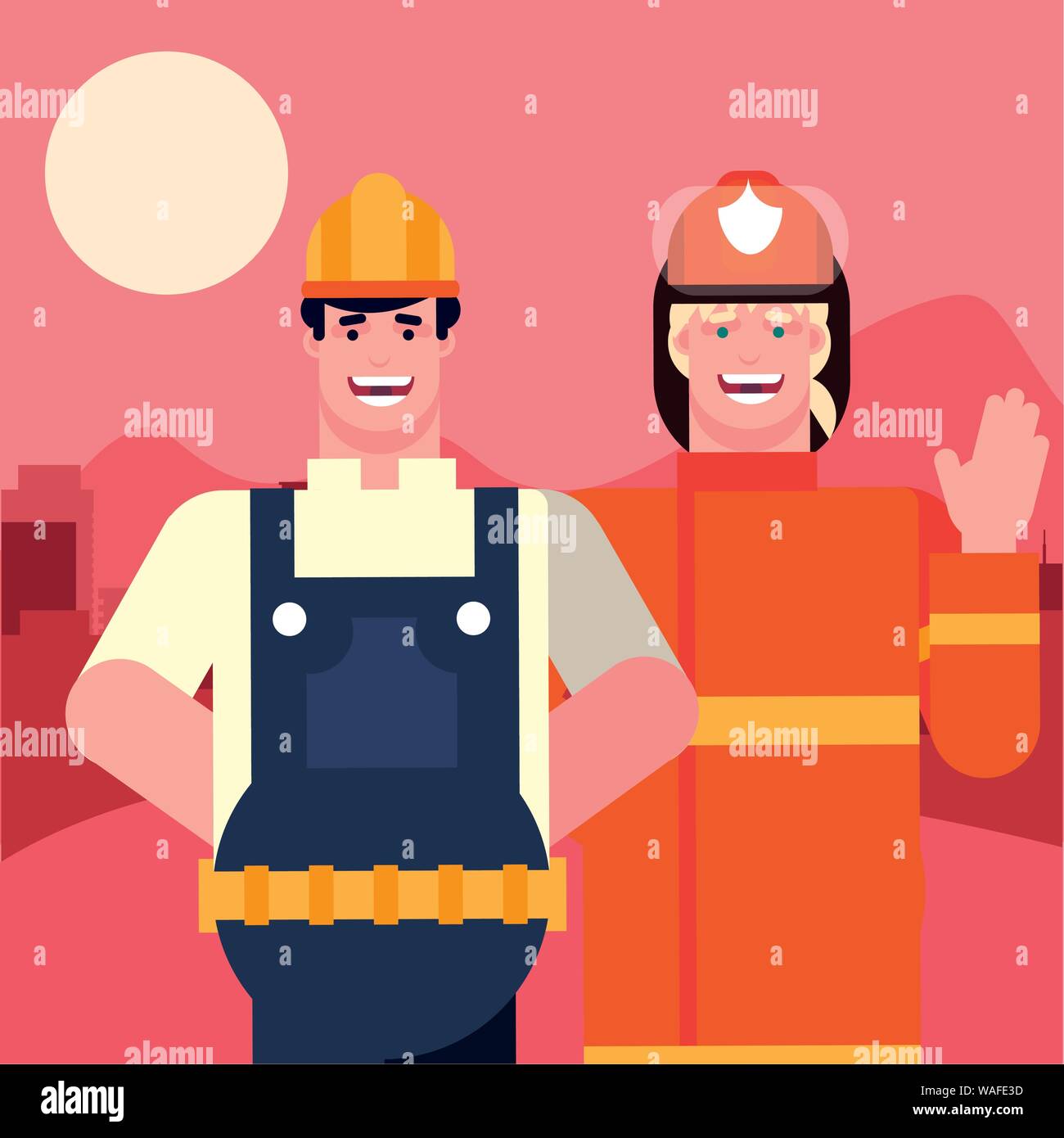 happy labor day - fireman and worker professional cityscape sun sky ...