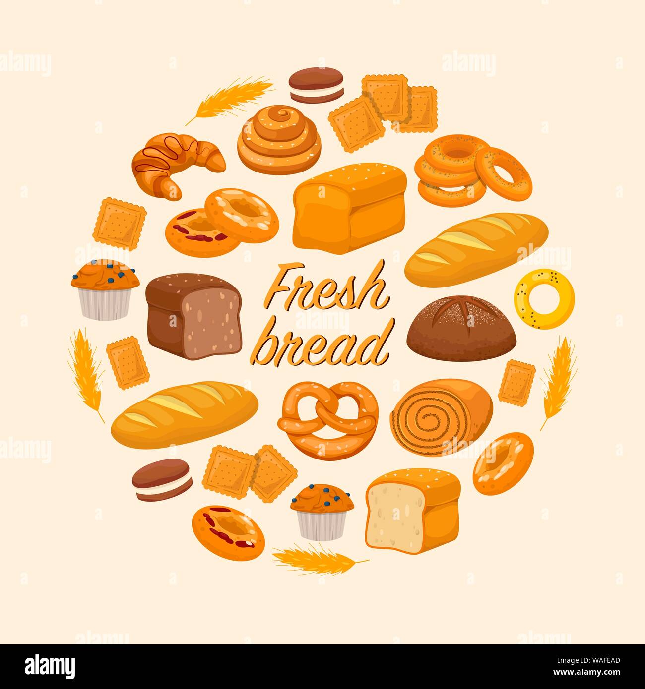 Baked products in cartoon style on light background Stock Vector Image ...