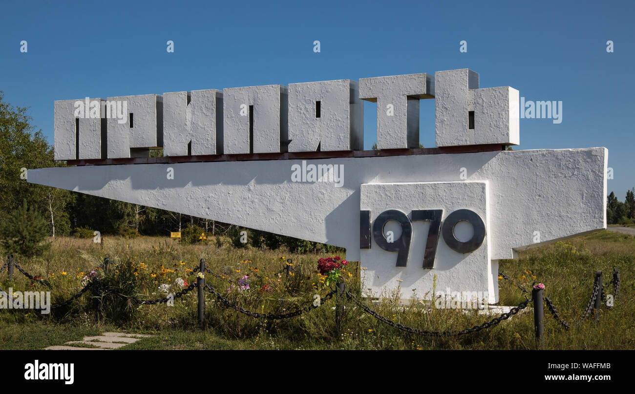 Chernobyl Exclusion Zone - Pripyat - Soviet era town sign Stock Photo ...
