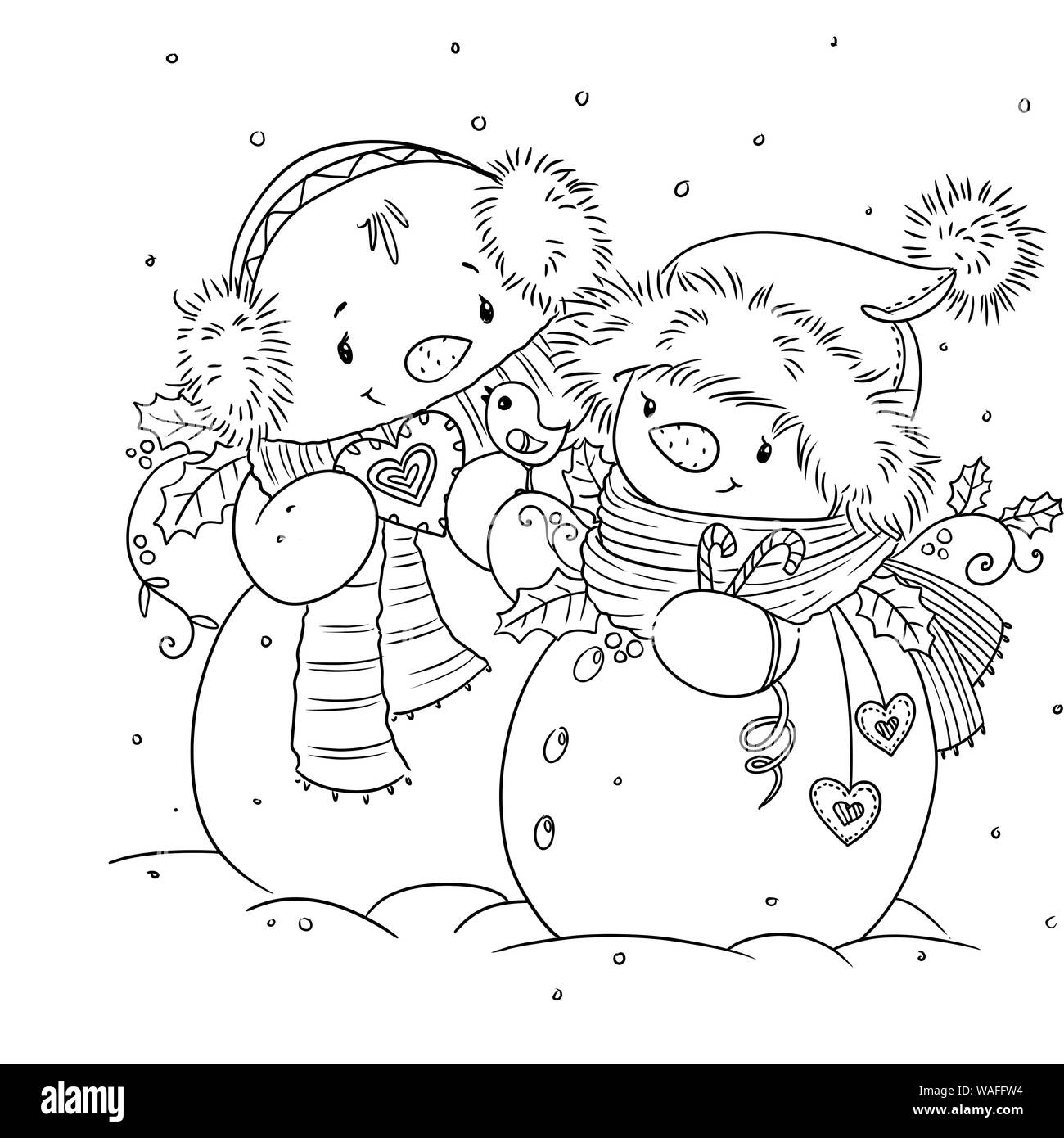 Outlined happy smiling snowman. Cute illustration coloring page ...