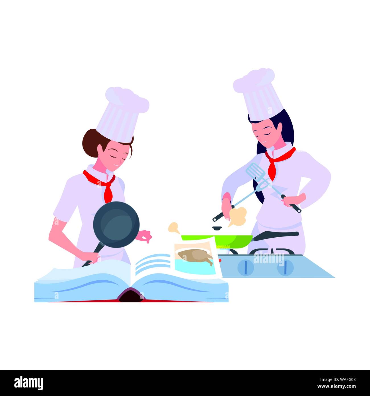 women characters chef recipe book pan and stove cooking vector ...