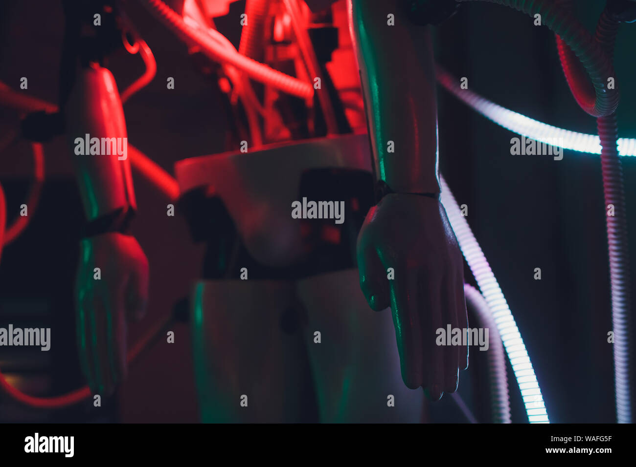 Close-up of humanoid robot head with micro-cameras eyes on blurred ...