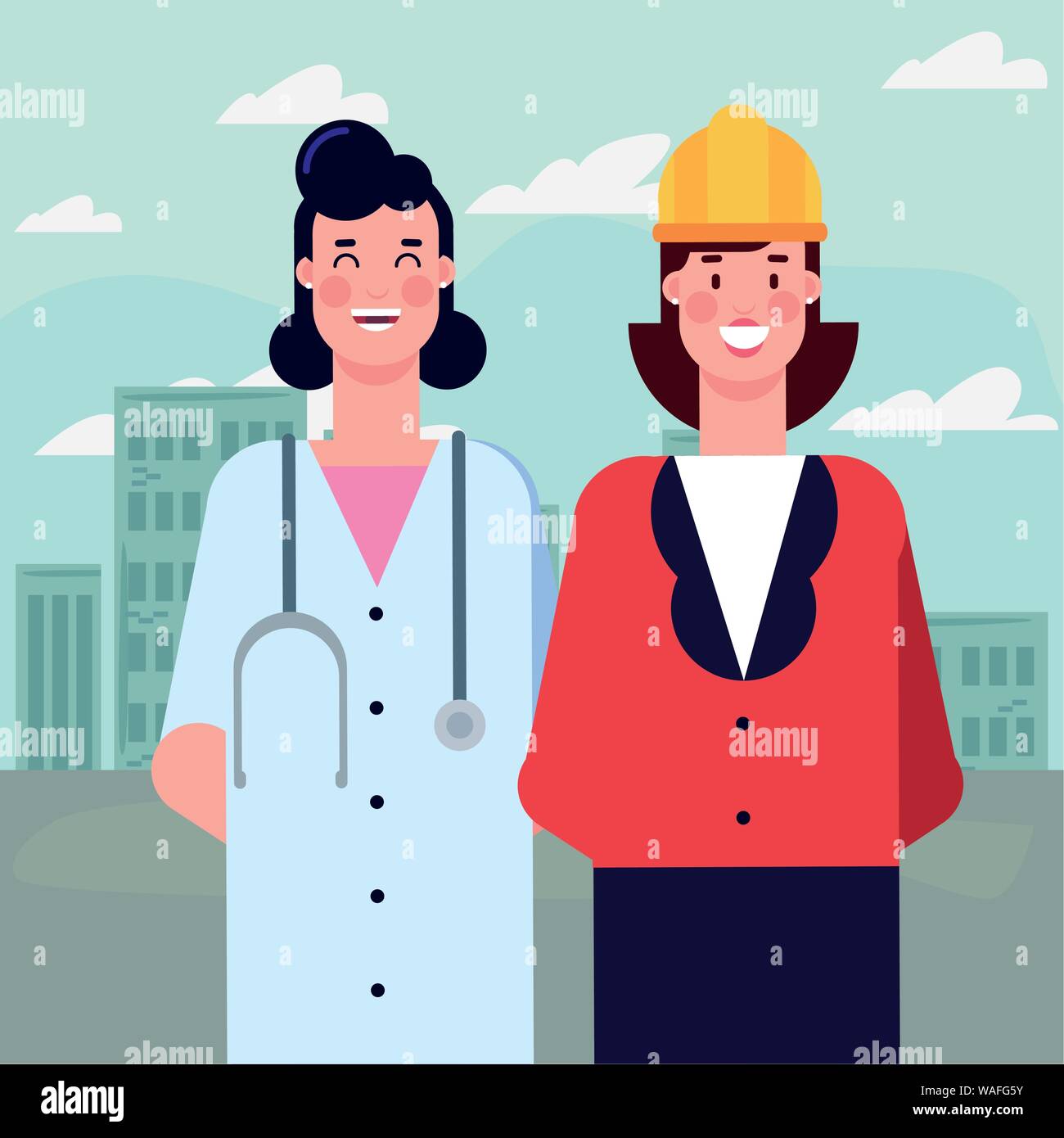 happy labor day - doctor female woman engineer city street urban vector ...