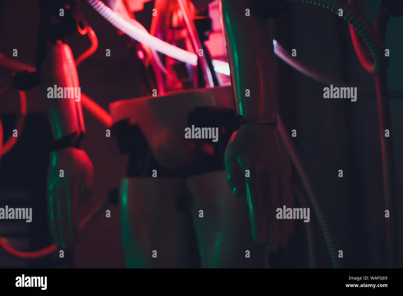 Close-up of humanoid robot head with micro-cameras eyes on blurred ...