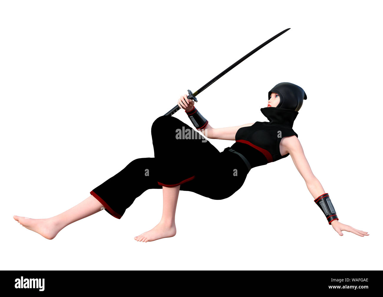 3D rendering of a female ninja holding a sword isolated on white ...