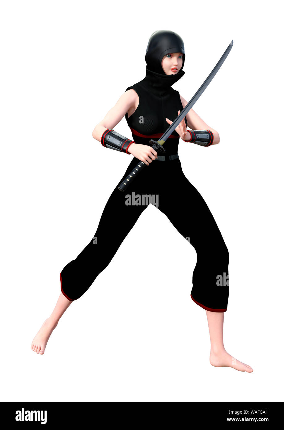 3D rendering of a female ninja holding a sword isolated on white ...