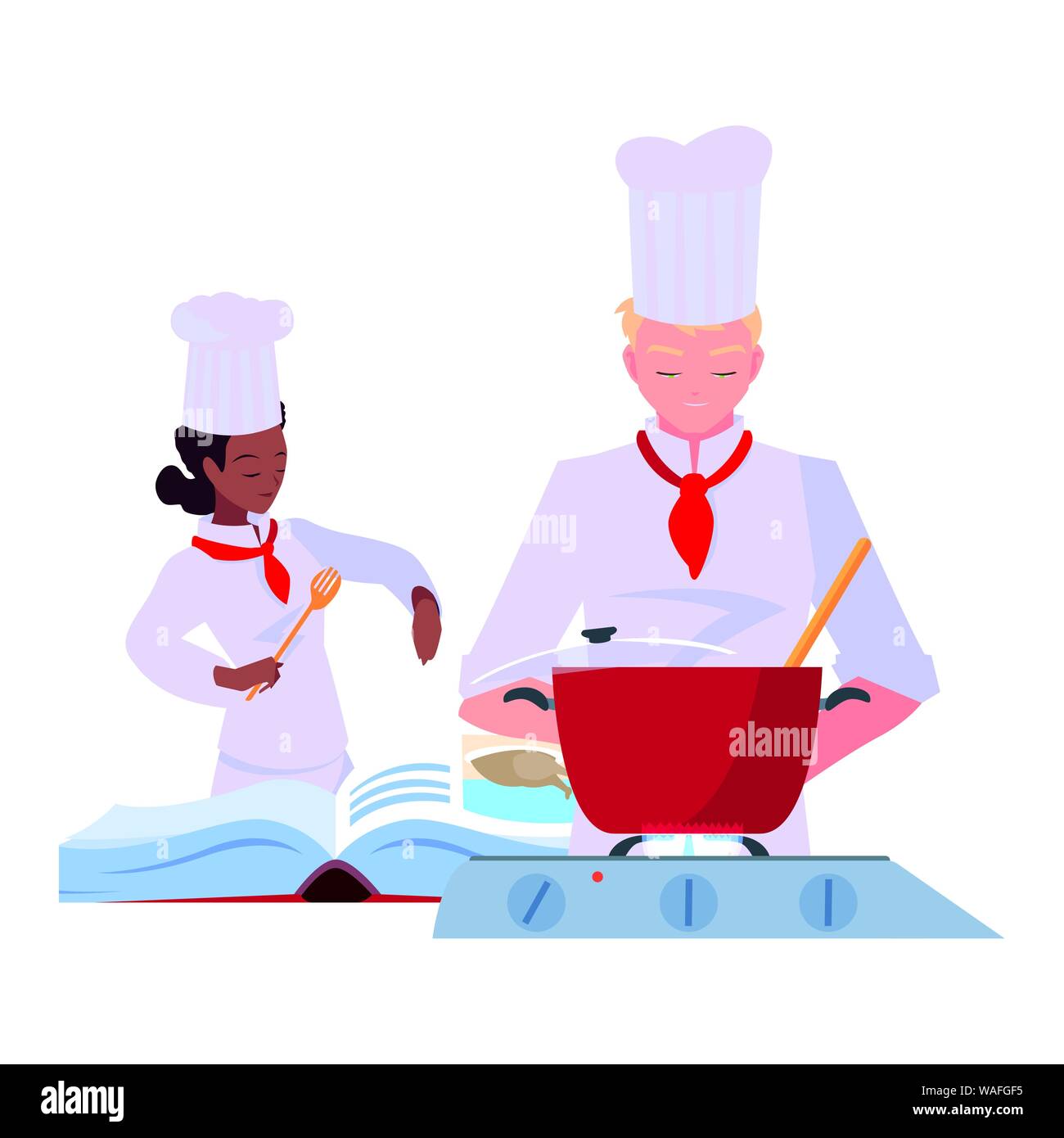 woman and man preparation pot recipe book fork chef cooking vector ...