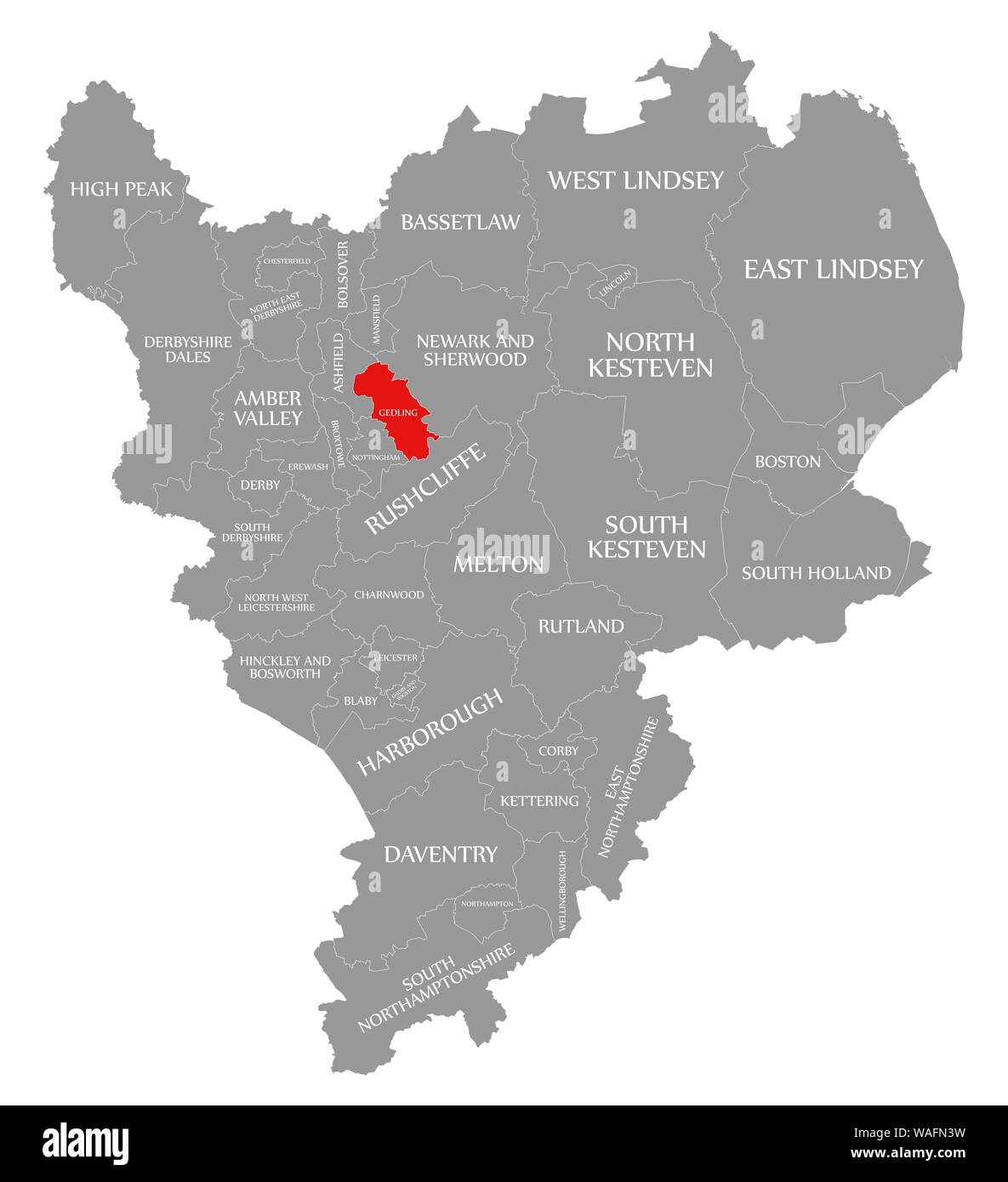 Gedling red highlighted in map of East Midlands England UK Stock Photo ...