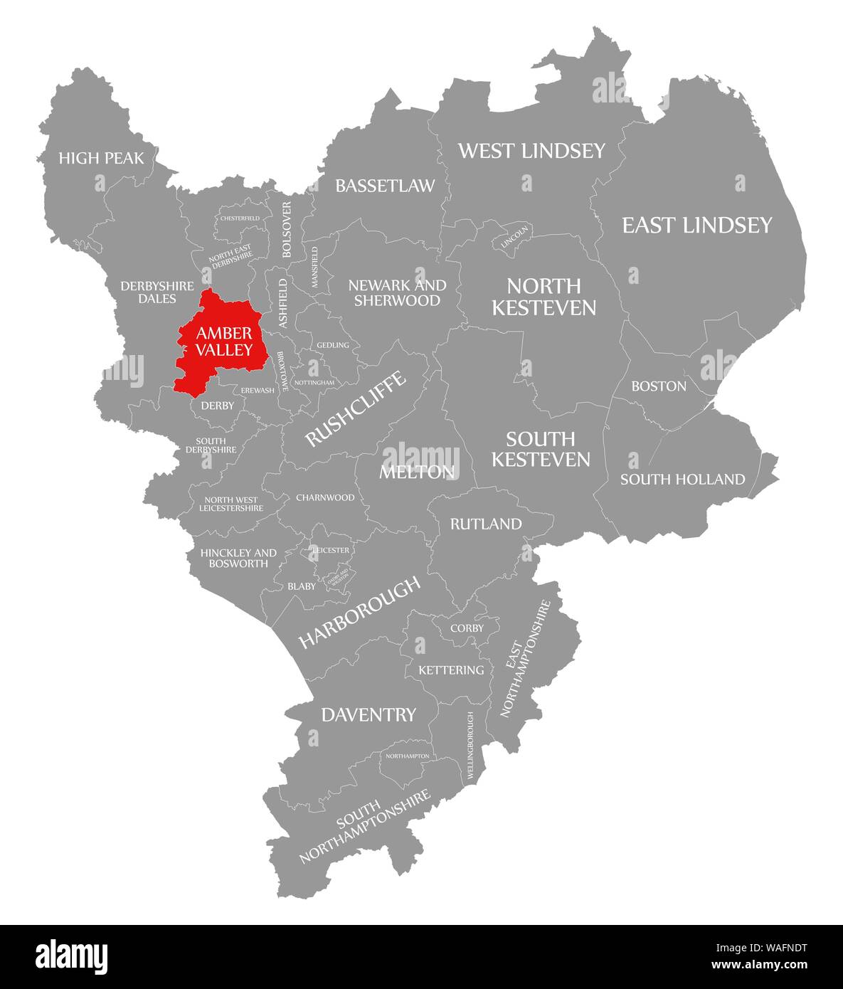 Amber Valley red highlighted in map of East Midlands England UK Stock ...