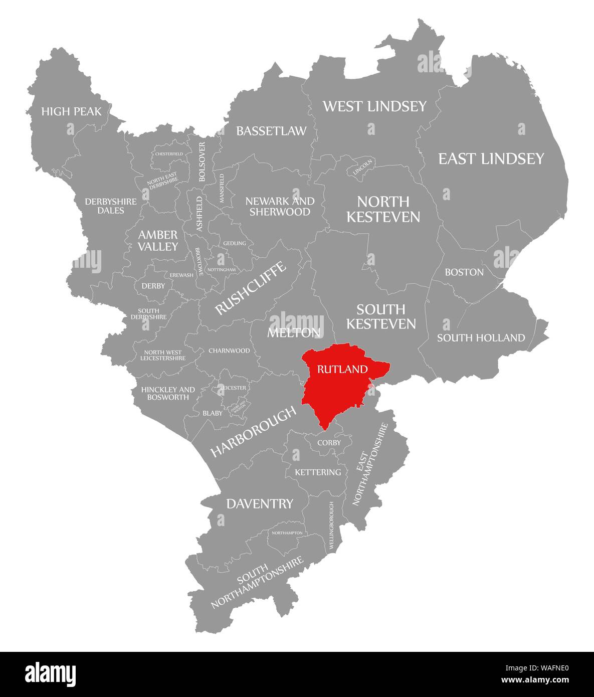 Rutland red highlighted in map of East Midlands England UK Stock Photo ...