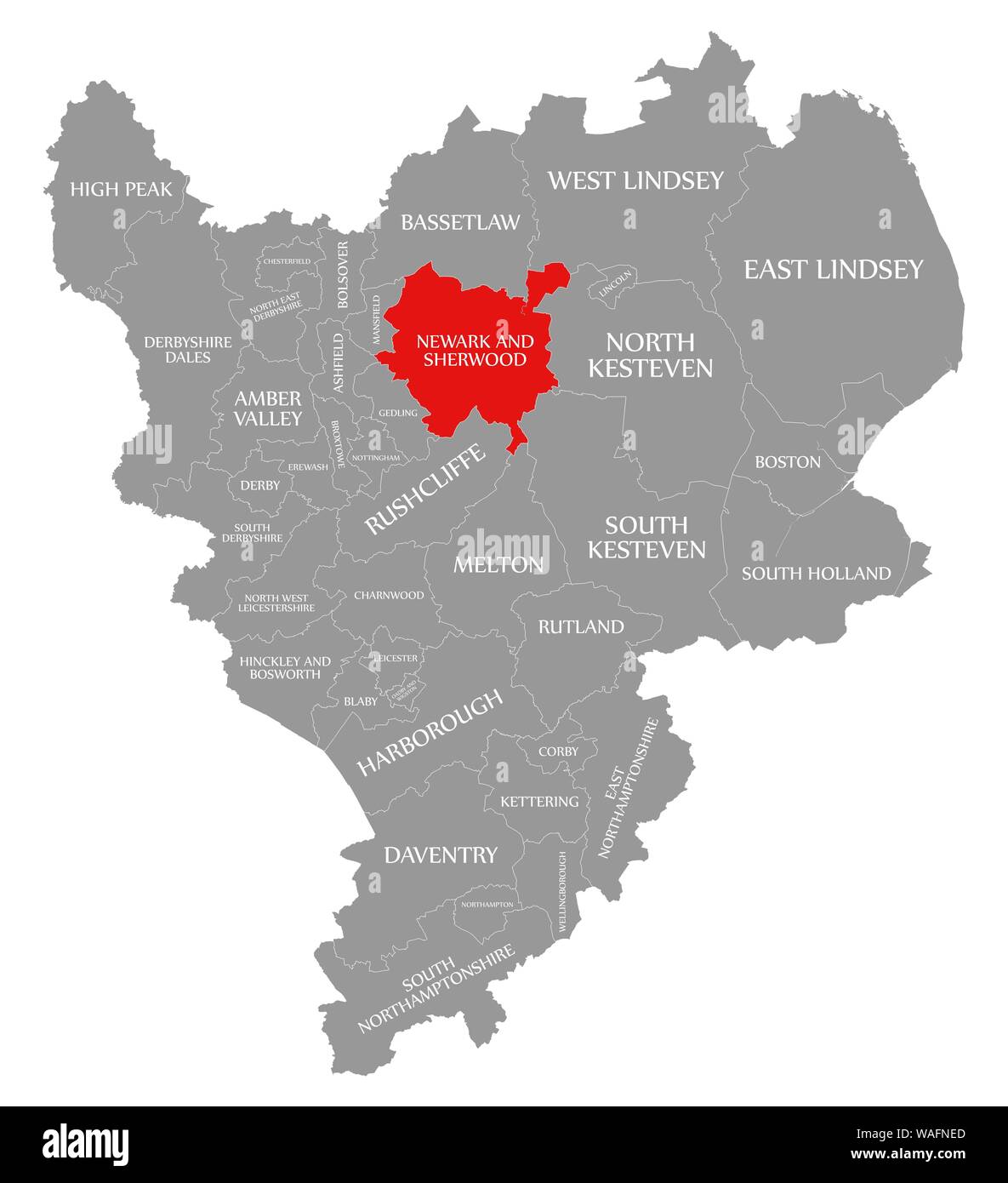 Newark and Sherwood red highlighted in map of East Midlands England UK ...