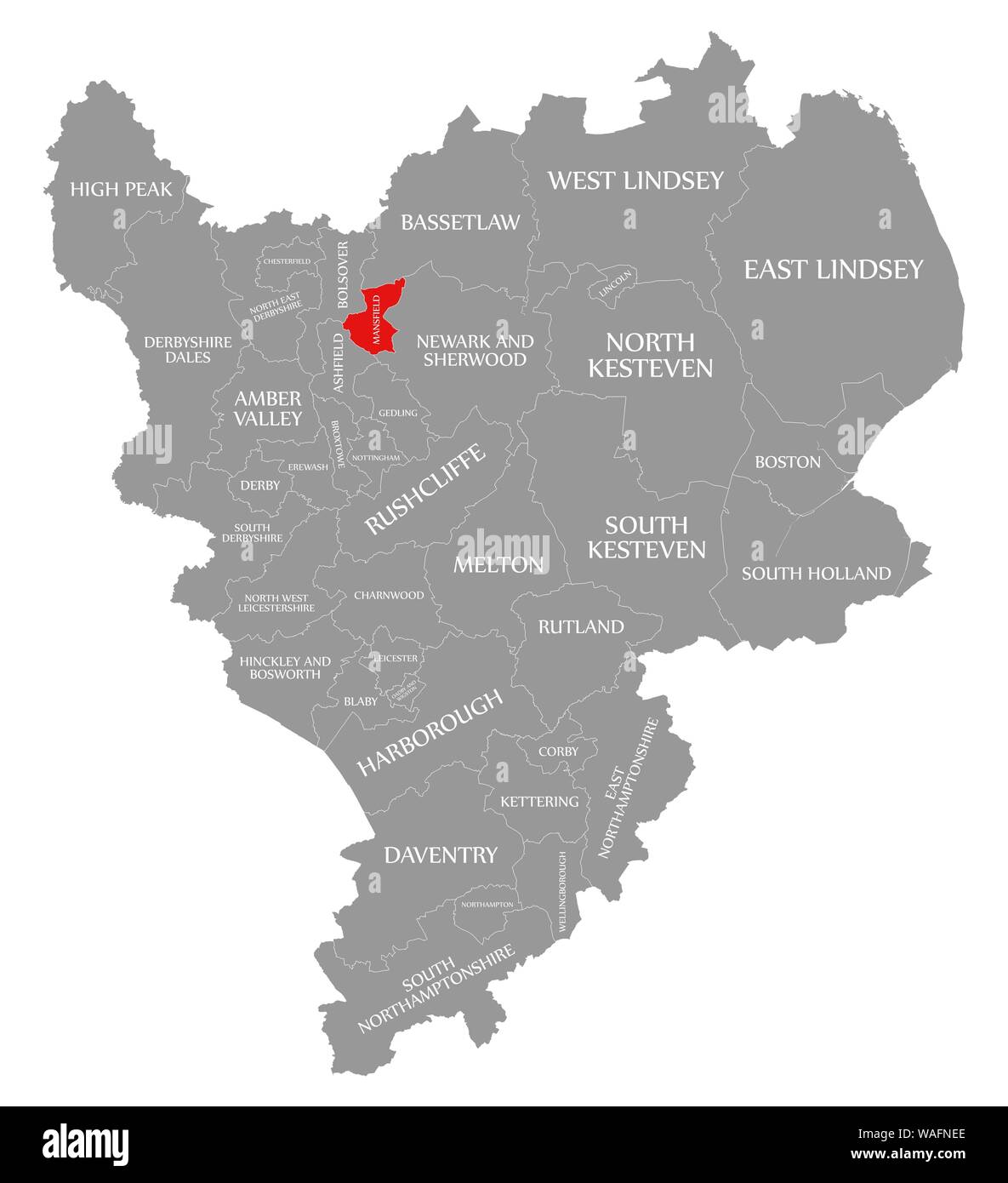 Mansfield red highlighted in map of East Midlands England UK Stock ...