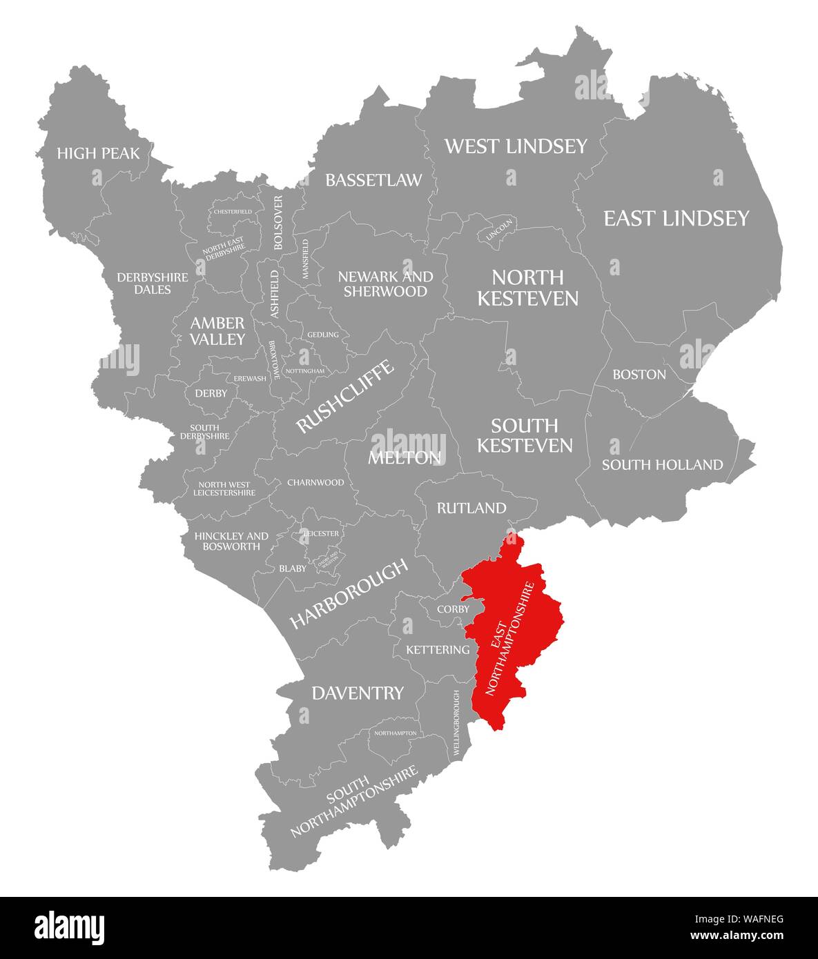 East Northamptonshire red highlighted in map of East Midlands England ...