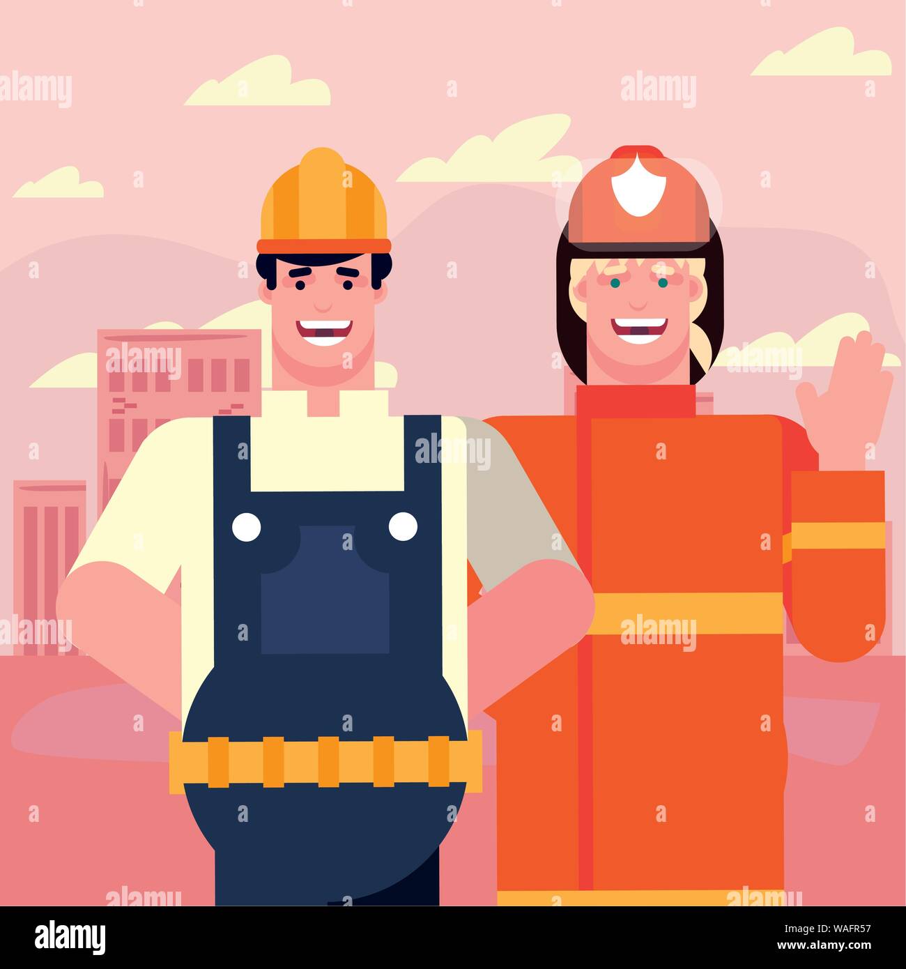 happy labor day - firefighter and worker city street urban vector ...