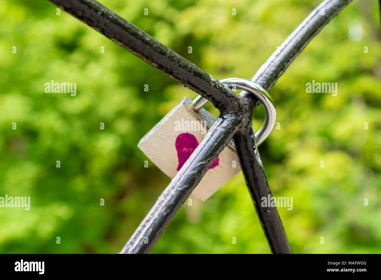 The lock, a symbol of love and loyalty, hangs on iron bars. Red Heart ...