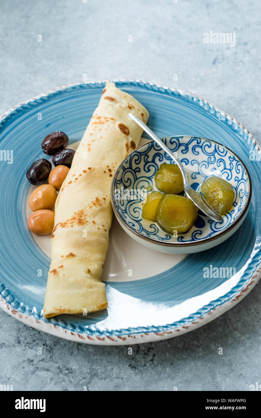 Plain Wrapped Crepe with Fig Jam, and Olives for Breakfast. Organic ...