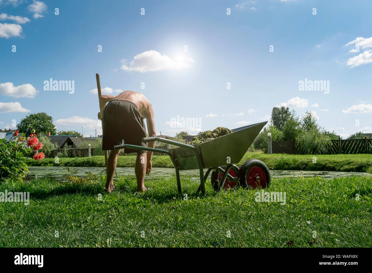 working with a wheelbarrow cleans the pond Stock Photo - Alamy