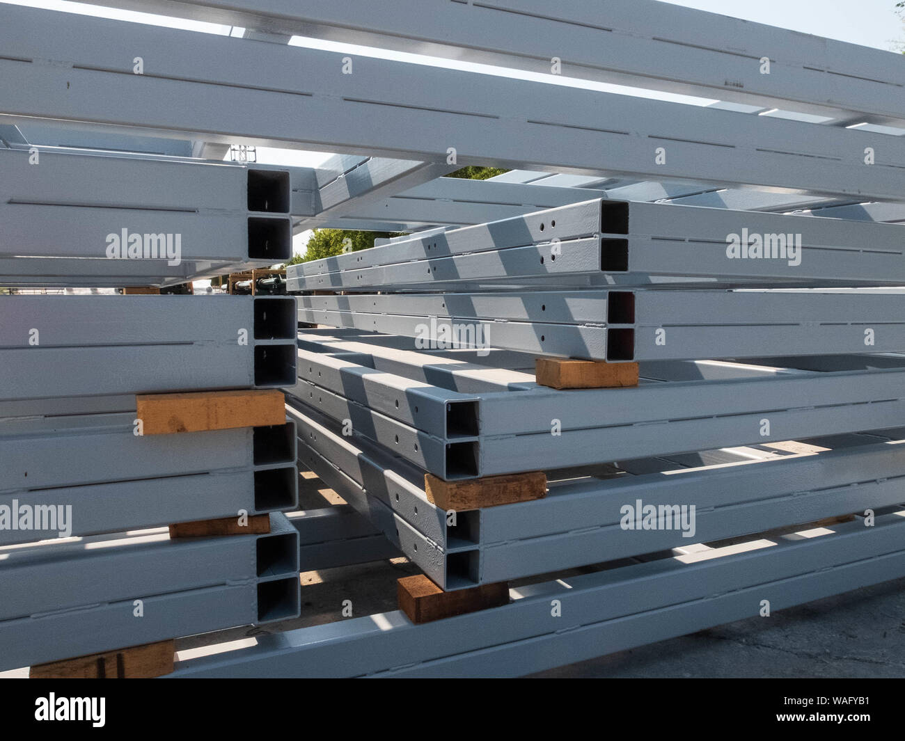 Stacked metal frame of a pre-fabricated building. Fast-built camp ...