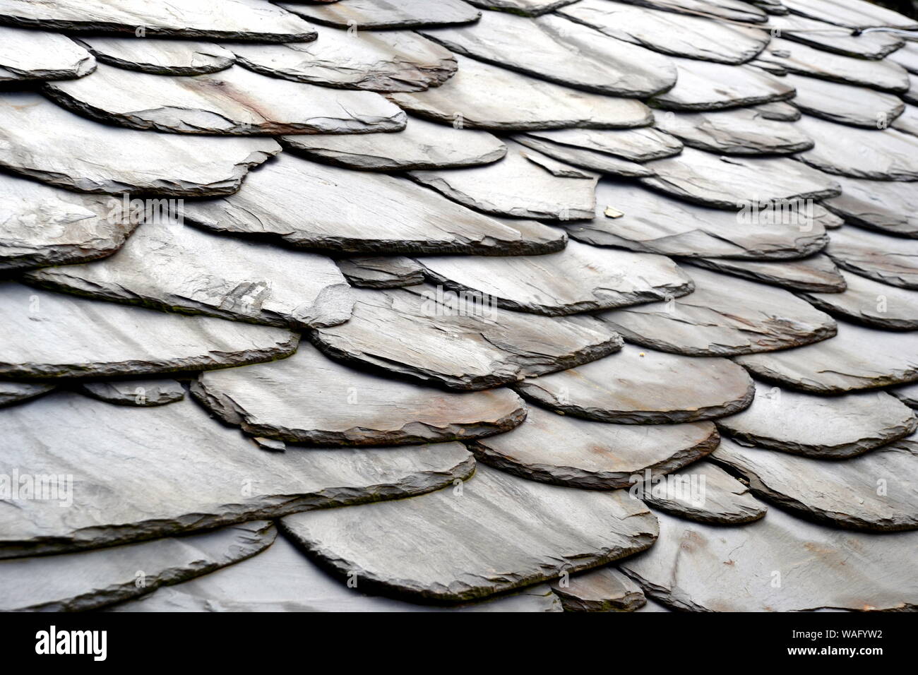 Details of shale roof on a house built from schist in Piodão, one of ...