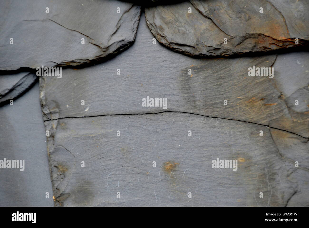 Details of shale roof on a house built from schist in Piodão, one of ...